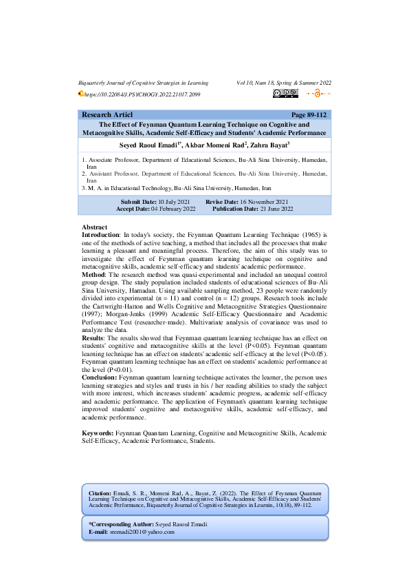 (PDF) The Effect of Feynman Quantum Learning Technique on Cognitive and Metacognitive Skills ...