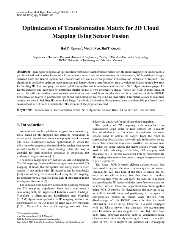 Pdf Indoor 3d Mapping Technique Based On 3d Image Transformation Using Kinect Sensor