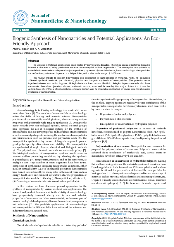 (PDF) Biogenic Synthesis of Nanoparticles and Potential Applications: An Eco- Friendly Approach ...