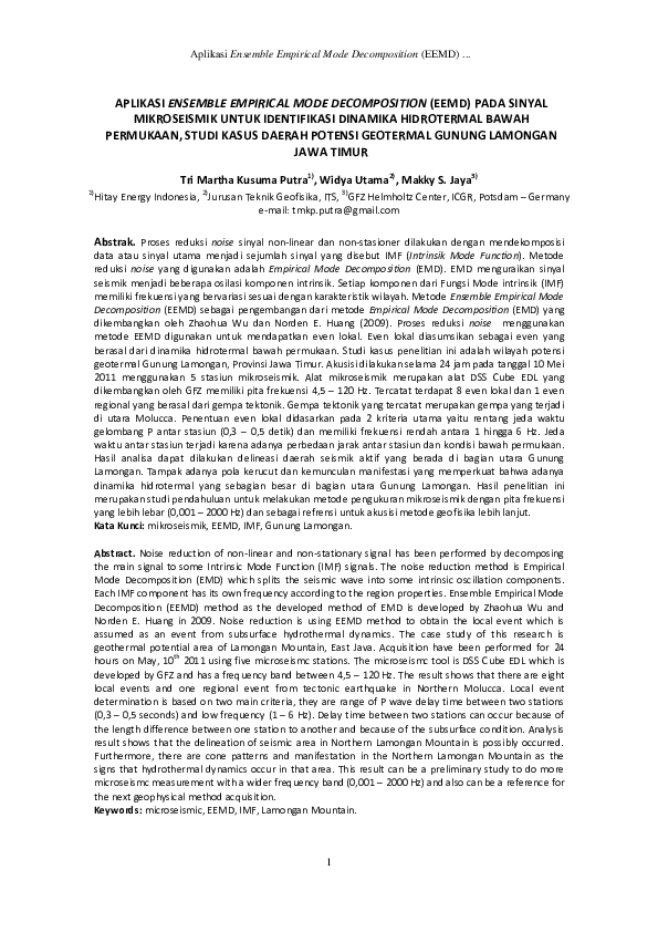 Pdf Aplikasi Ensemble Empirical Mode Decomposition Eemd Pada Sinyal Mikroseismik Untuk