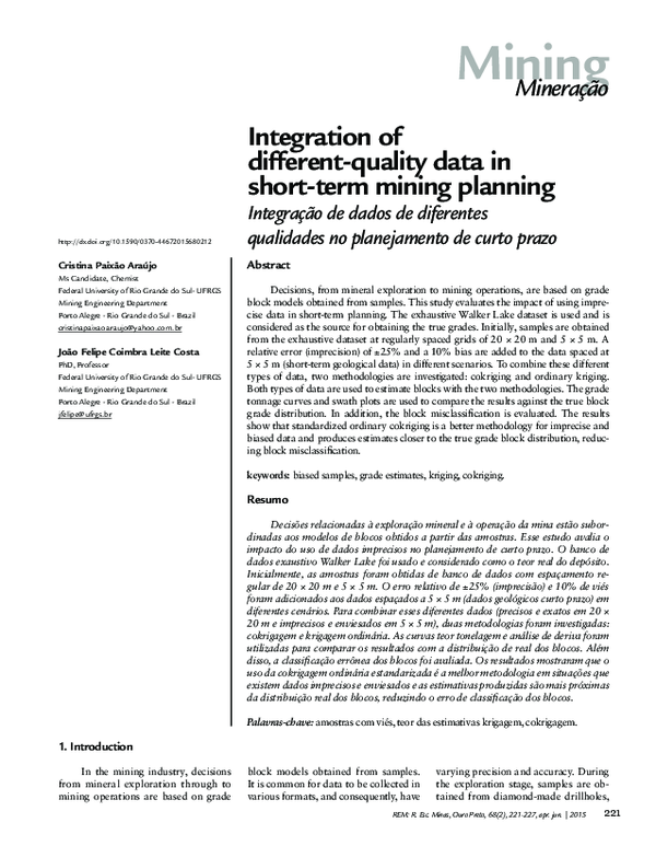 Pdf Integration Of Different Quality Data In Short Term Mining Planning
