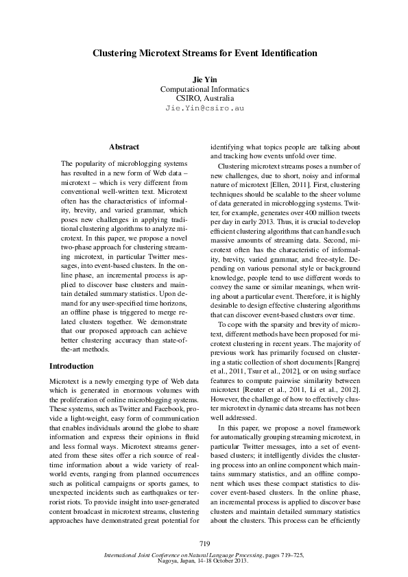 (PDF) Clustering Microtext Streams for Event Identification