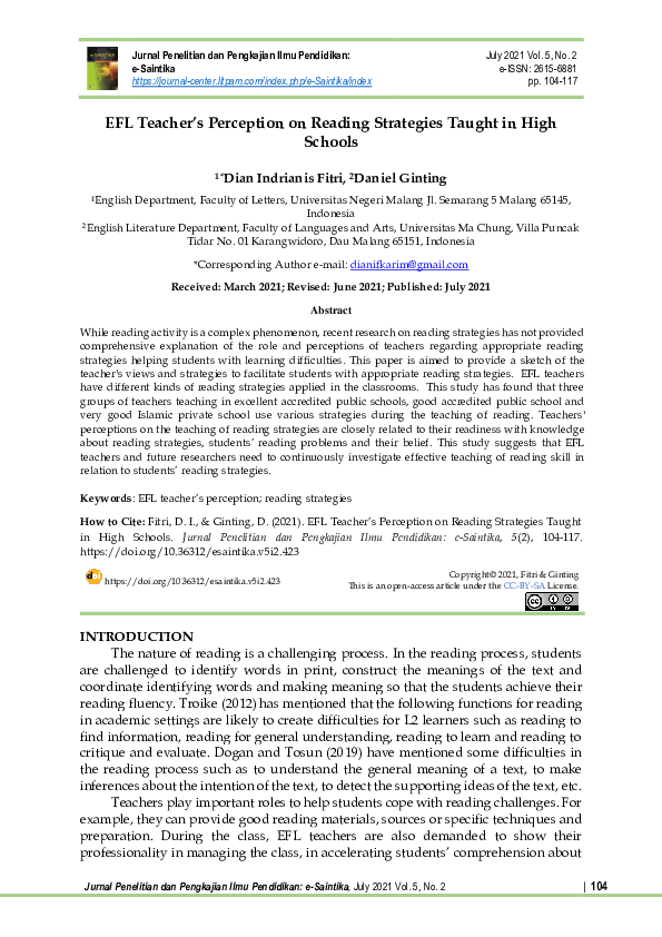(PDF) EFL Teacher's Perception on Reading Strategies Taught in High Schools