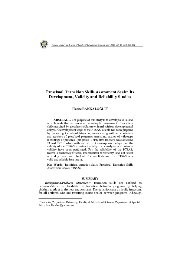 (PDF) Preschool Transition Skills Assessment Scale: Its Development, Validity and Reliability ...