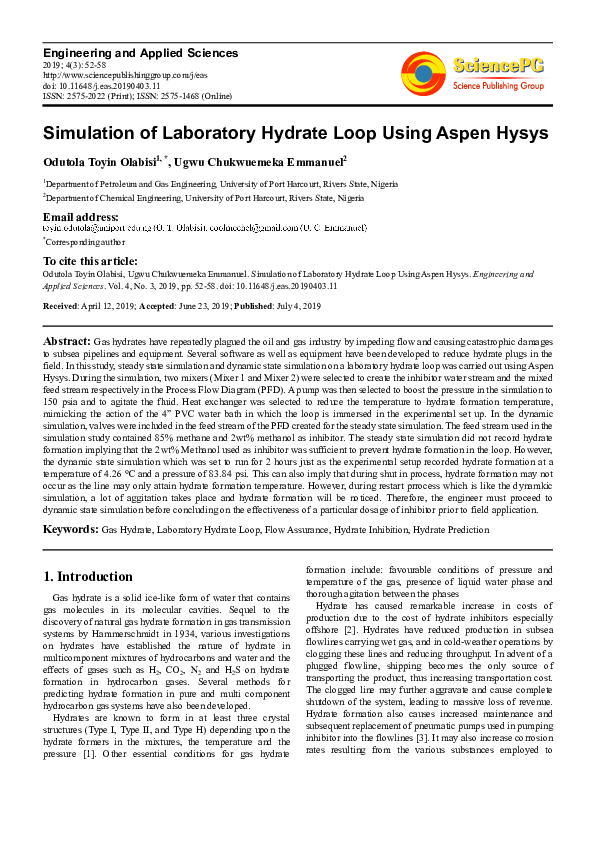 Pdf Simulation Of Laboratory Hydrate Loop Using Aspen Hysys