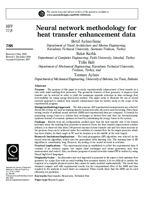 (PDF) Neural network methodology for heat transfer enhancement data