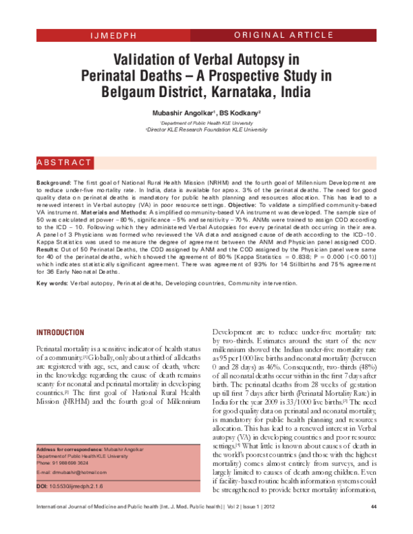 (PDF) Validation of Verbal Autopsy in Perinatal Deaths – A Prospective ...