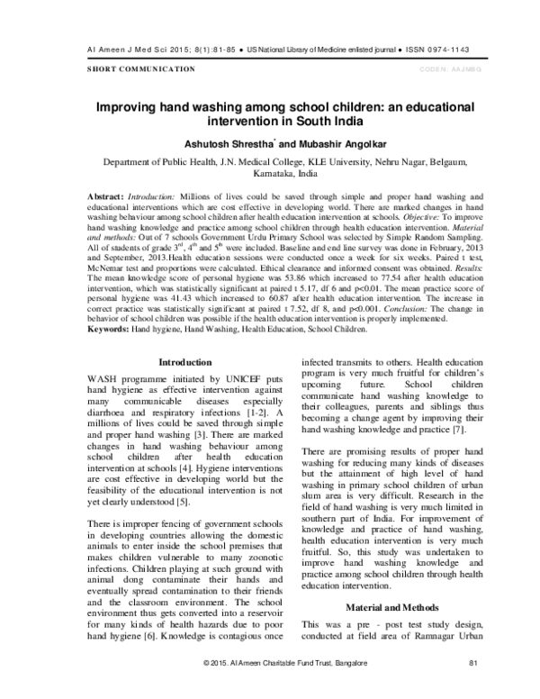 (PDF) Improving hand washing among school children: an educational ...