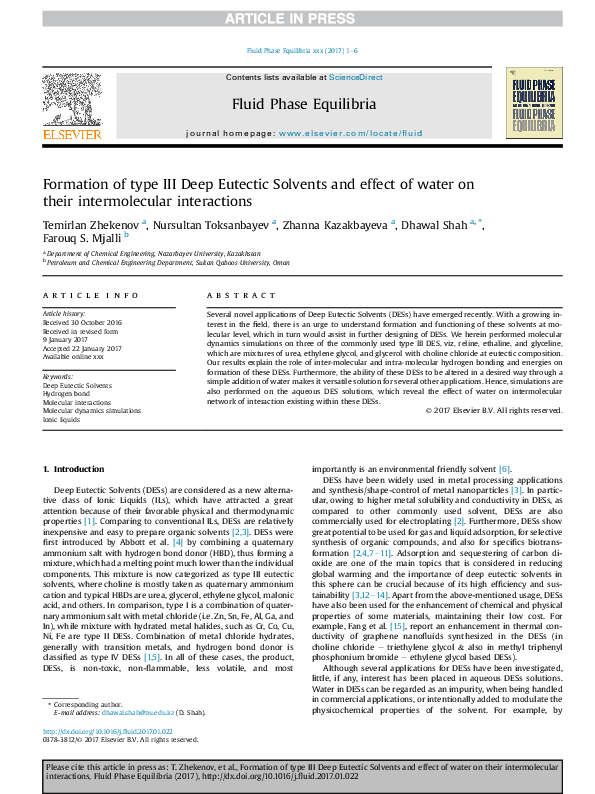 (PDF) Formation of type III Deep Eutectic Solvents and effect of water ...
