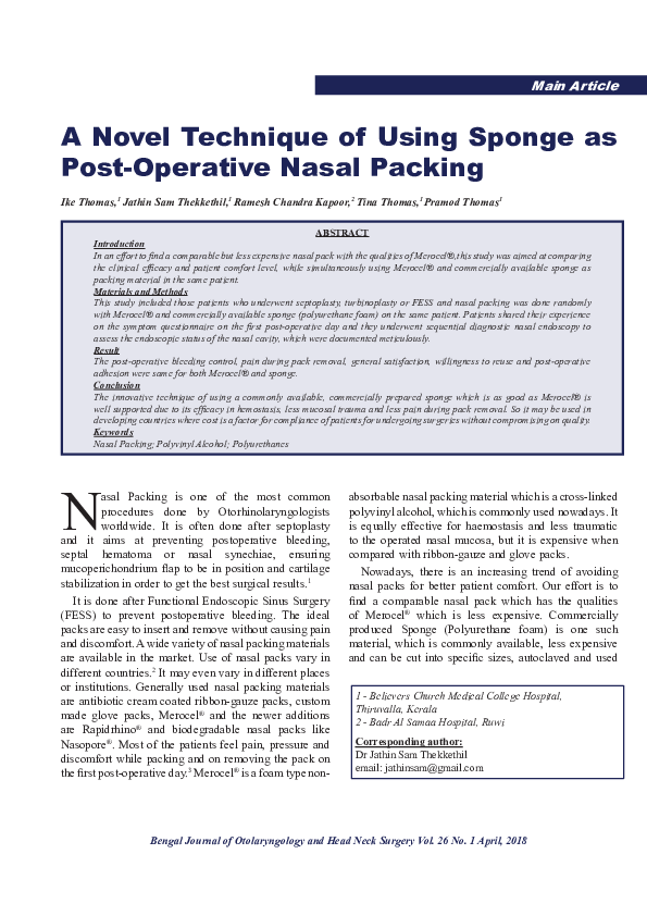 (PDF) A Novel Technique of Using Sponge as Post-Operative Nasal Packing