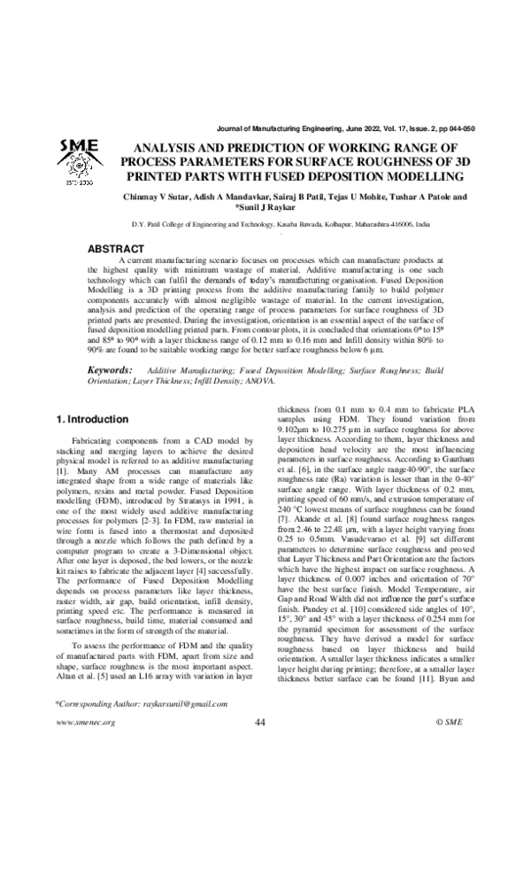 Pdf Analysis And Prediction Of Working Range Of Process Parameters For Surface Roughness Of 3d