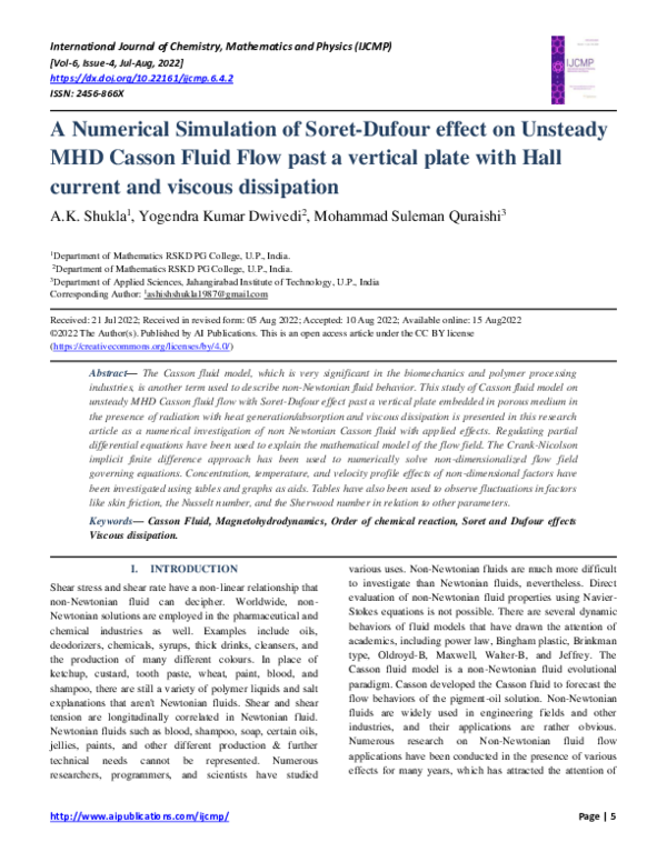 Pdf A Numerical Simulation Of Soret Dufour Effect On Unsteady Mhd