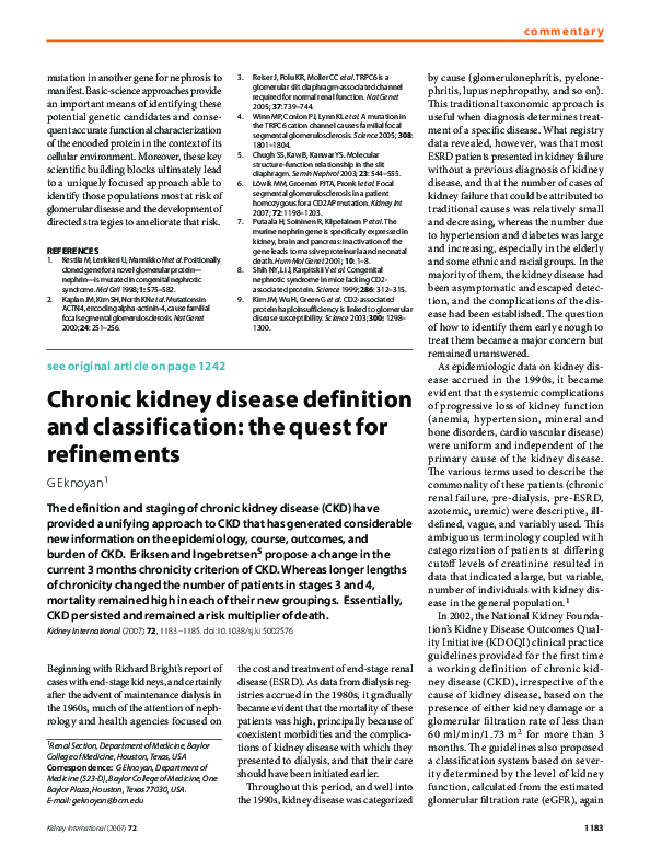 (PDF) Chronic kidney disease definition and classification: the quest ...