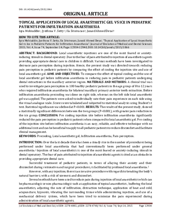 (PDF) Topical Application of Local Anaesthetic Gel vs Ice in Pediatric ...