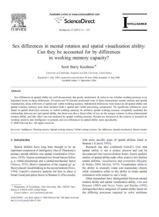 Pdf Sex Differences In Mental Rotation And Spatial Visualization