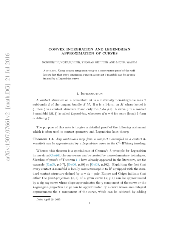 Pdf Convex Integration And Legendrian Approximation Of Curves