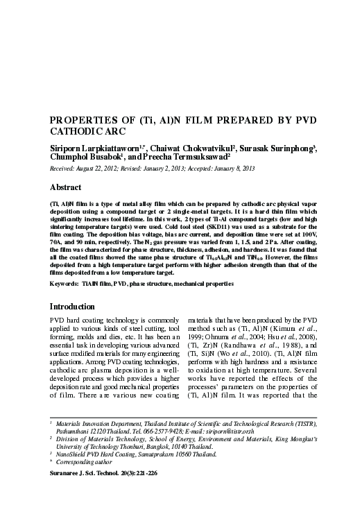 (PDF) Properties of (Ti, Al)N Film Prepared by PVD Cathodic Arc