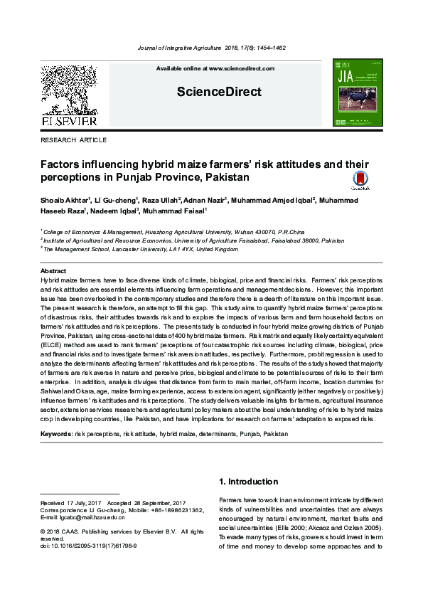 (PDF) Factors influencing hybrid maize farmers' risk attitudes and their perceptions in Punjab ...