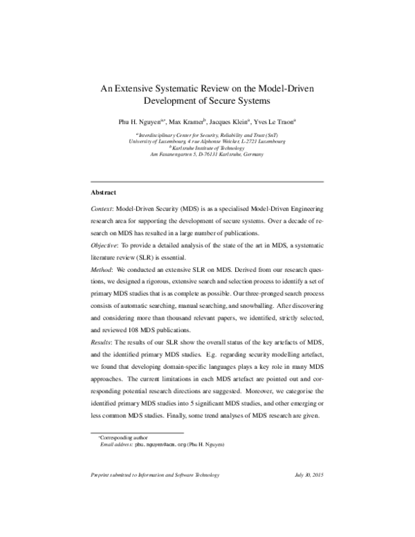 (PDF) An extensive systematic review on the Model-Driven Development of secure systems