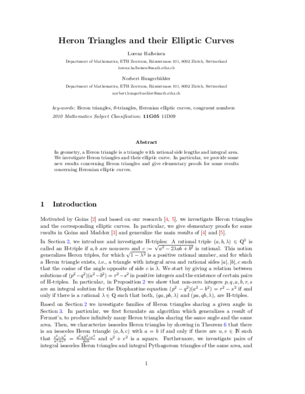 (PDF) Heron triangles and their elliptic curves