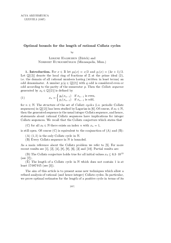 (PDF) Optimal bounds for the length of rational Collatz cycles