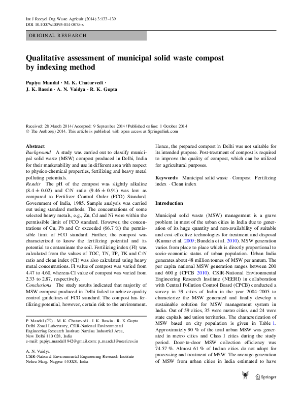 (PDF) Qualitative assessment of municipal solid waste compost by indexing method