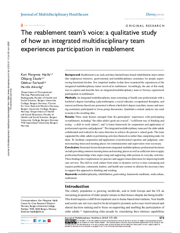 (PDF) The reablement team’s voice: a qualitative study of how an ...