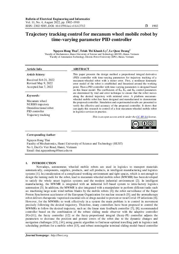 Pdf Trajectory Tracking Control For Mecanum Wheel Mobile Robot By Time Varying Parameter Pid