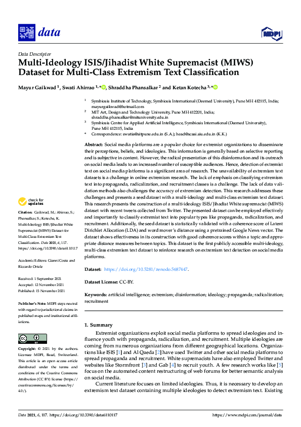 (PDF) Multi-Ideology ISIS/Jihadist White Supremacist (MIWS) Dataset for Multi-Class Extremism ...