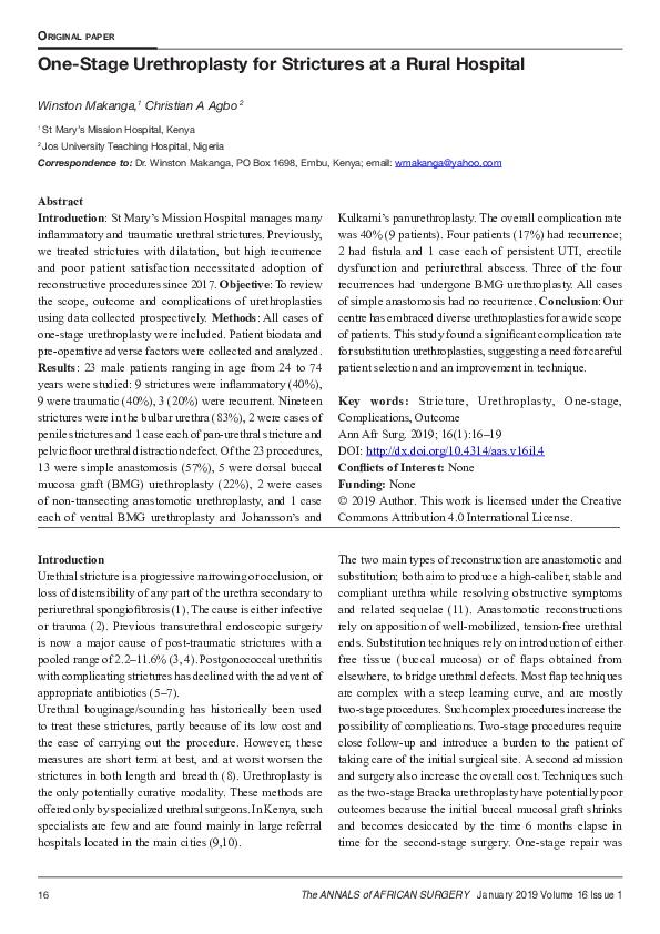(PDF) One-stage urethroplasty for strictures at a rural hospital