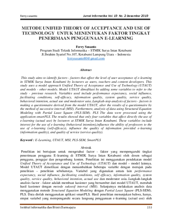 (PDF) Metode Unified Theory of Acceptance and Use of Technology Untuk Menentukan Faktor Tingkat ...
