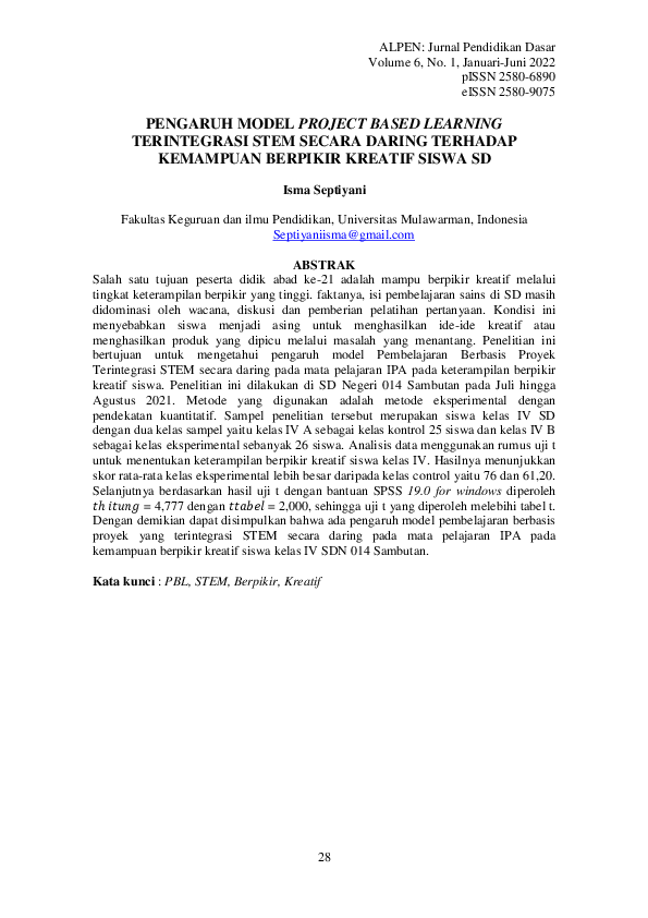 (PDF) Pengaruh Model Project Based Learning Terintegrasi Stem Secara Daring Terhadap Kemampuan ...