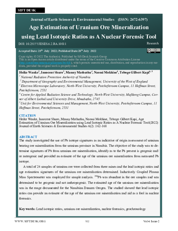 Pdf Age Estimation Of Uranium Ore Mineralization Using Lead Isotopic Ratios As A Nuclear