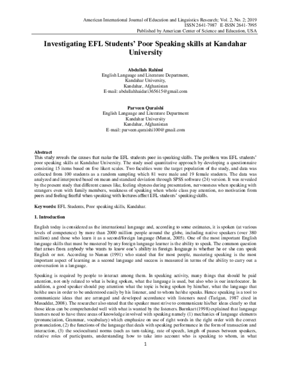 (PDF) Investigating EFL Students’ Poor Speaking Skills at Kandahar ...