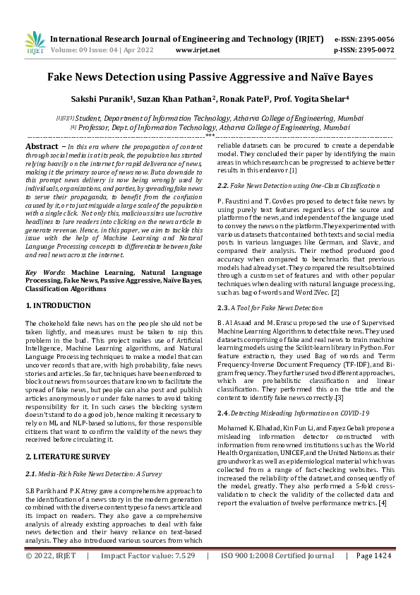 (PDF) Fake News Detection using Passive Aggressive and Naïve Bayes