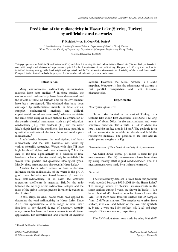 (PDF) Prediction of the radioactivity in Hazar Lake (Sivrice, Turkey ...