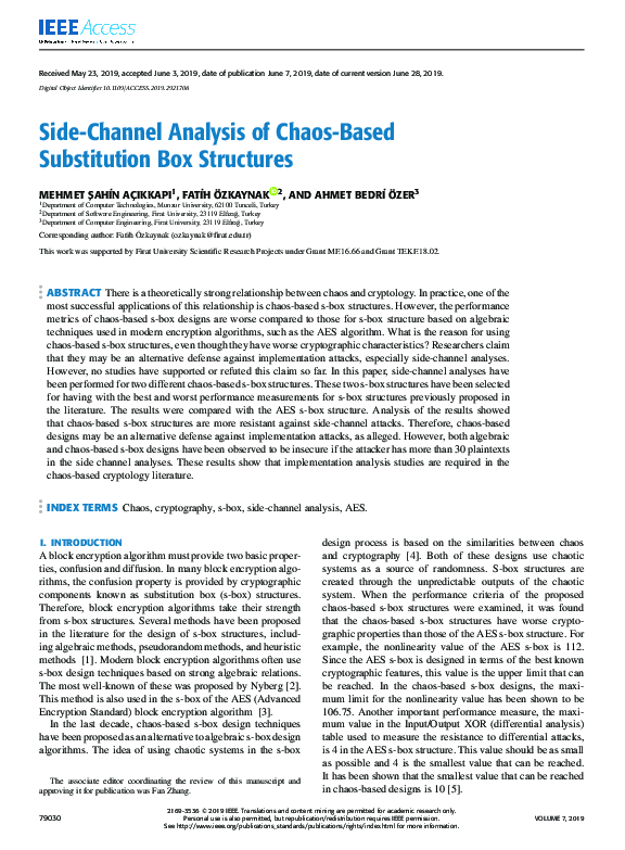 (PDF) Side-Channel Analysis of Chaos-Based Substitution Box Structures