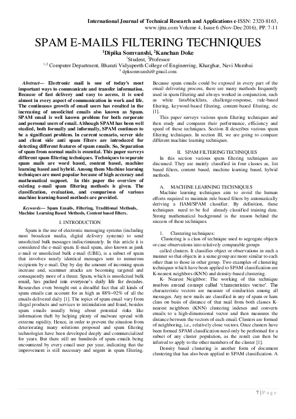 (PDF) Spam E-Mails Filtering Techniques