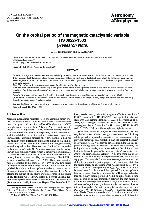 (PDF) On the orbital period of the magnetic cataclysmic variable HS ...