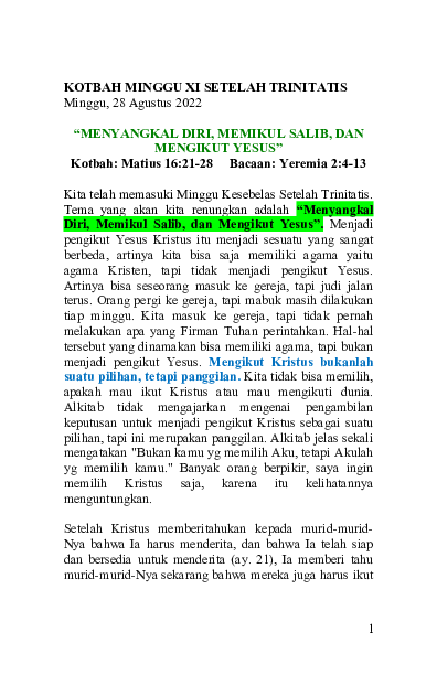 (DOC) MENYANGKAL DIRI MEMIKUL SALIB DAN MENGIKUT YESUS