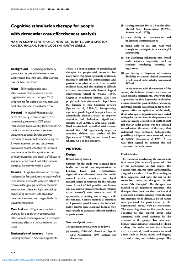 (PDF) Cognitive stimulation therapy for people with dementia: cost-effectiveness analysis