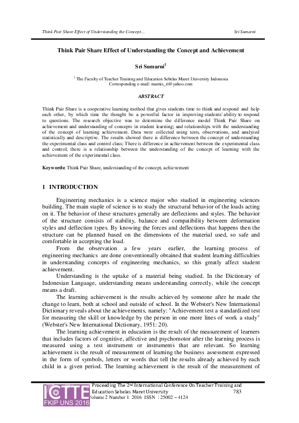 (PDF) Think Pair Share Effect of Understanding the Concept and Achievement