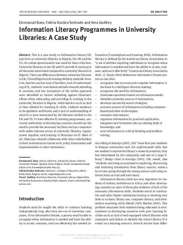 (PDF) Information Literacy Programmes in University Libraries: A Case Study