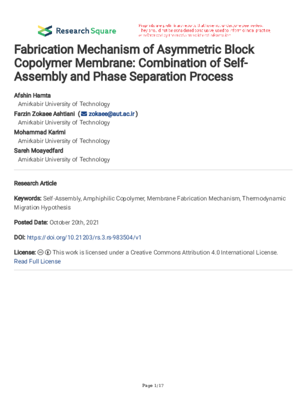 (PDF) Fabrication Mechanism of Asymmetric Block Copolymer Membrane: Combination of Self-Assembly ...