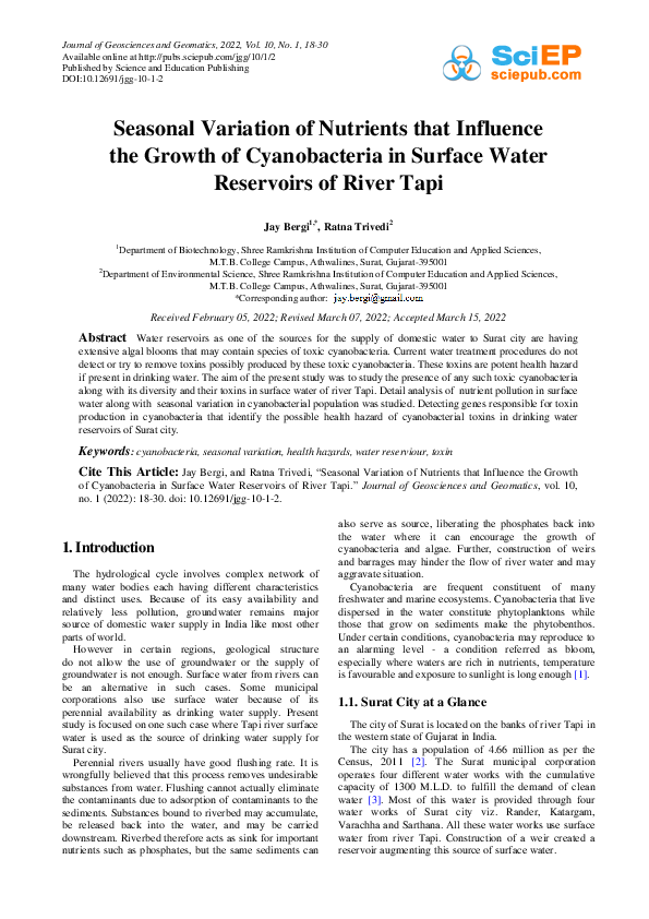 (PDF) Seasonal Variation of Nutrients that Influence the Growth of Cyanobacteria in Surface ...