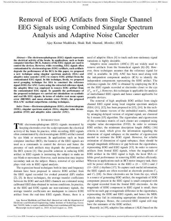 (PDF) Removal of EOG Artifacts from Single Channel EEG Signals using Combined Singular Spectrum ...