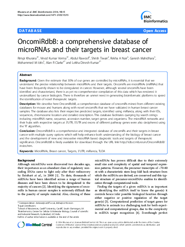 (PDF) OncomiRdbB: MicroRNA Database for Breast Cancer