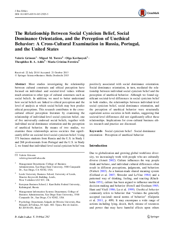 (PDF) The Relationship Between Social Cynicism Belief, Social Dominance ...