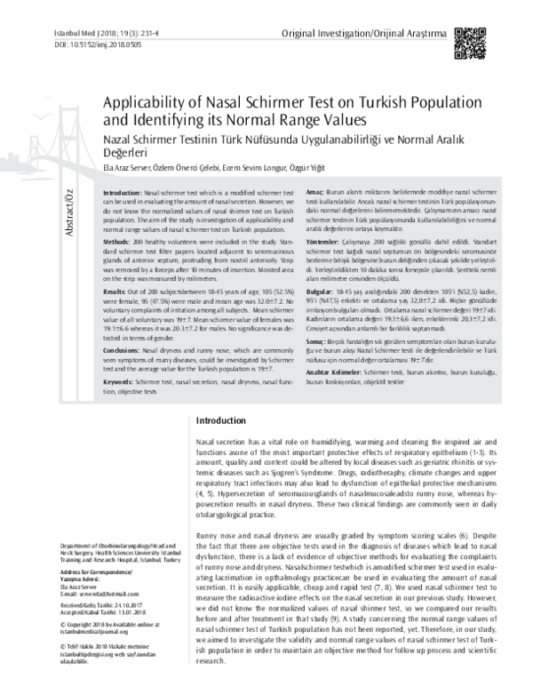 (PDF) Applicability of Nasal Schirmer Test on Turkish Population and ...