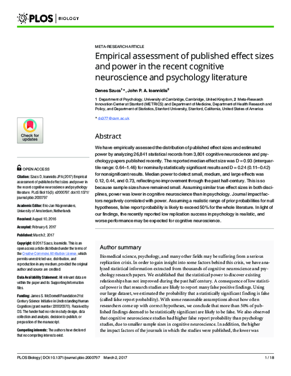 (PDF) Empirical assessment of published effect sizes and power in the recent cognitive ...